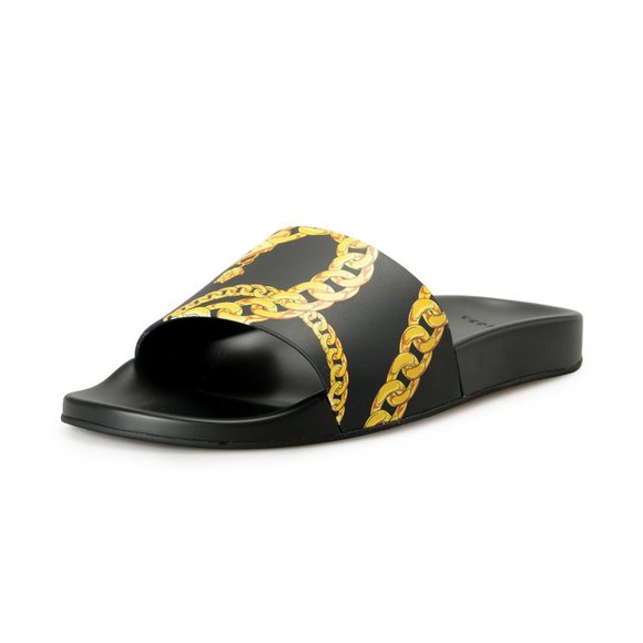 Versace Shoes Versace Mens Gold Black Chain Print Pool Slide Flip